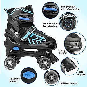 Kids Roller Skates for Boys Adjustable Roller Skates for Boys, Girls with 8 Wheels Lighting for Indoor Outdoor Quad Skates (Black&Blue, Medium - Big Kid)