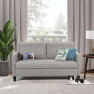 GRACFORCE 57" W Loveseat Sofa Couch w/ 2 USB Charging Ports, Mid Century Modern Fabric Love Seat Furniture for Living Room, 2-Seater Small Couches for Small Spaces, Bedroom, RV (Light Grey)