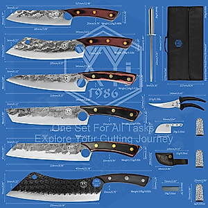 Authentic XYJ Since 1986,Camp Cooking Knives Set,High Carbon Steel Slicing Chef Knife With Kitchen Scissors,Carry Bag,Sharpener Rod,Butcher Meat Vegetable Knife,Full Tang,Hammer Finished