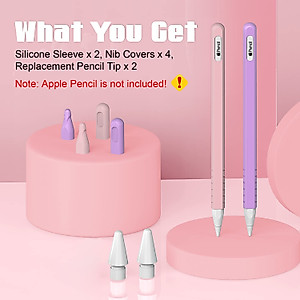 Laviitp 2 Pack Case for Apple Pencil Pro & 2nd Generation: Protective Cover Sleeve for iPencil Pro 2024- Silicone Grip Skin Accessories for iPad Pencil w/ 2 Pencil Tips 4 Nibs Cover, Pink+Purple