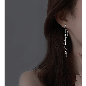 SLUYNZ Sterling Silver Star Dangle Earrings for Women Teens Girls Long Dangle Earrings Chain Curve Tassel (A-Silver)