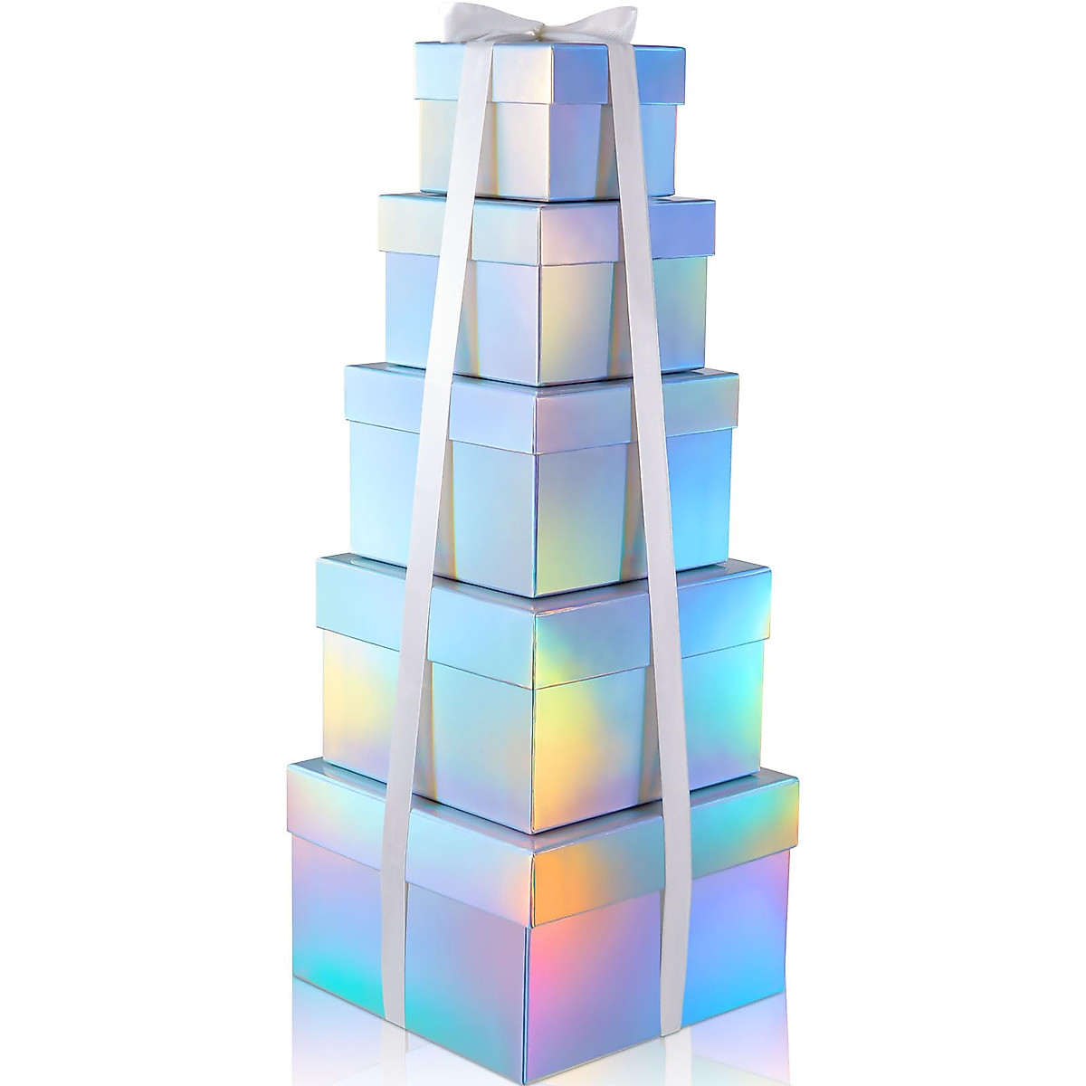 Fulmoon 5 Pcs Holographic Sliver Nesting Gift Boxes Square Gift Boxes with Lids Set 5 Assorted Sizes Laser Square Stacking Boxes with Ribbon for Wedding Festival Birthday Party Presents Keepsake