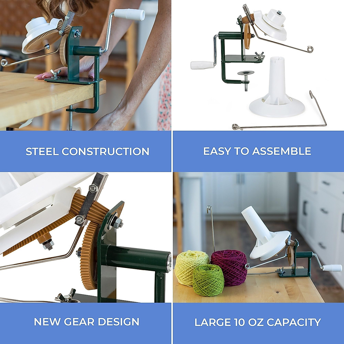 Metal Hand Operated Yarn Winder for Crocheting - Best Heavy Duty Large Yarn Ball Winder 10 Oz Capacity - Quiet Yarn Spinner with Steel Frame, Table Protectors, and Clamp - Easy to Assemble and Use