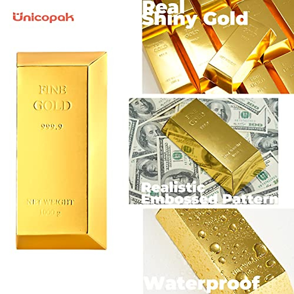 UnicoPak 30 Pack Gold Bar Gift Boxes 6.5x3 Inch, Fake Gold Bar Party Favor Candy Boxes Gold Gift Boxes for Gold Candy Chocolate Coins Favors, for Casino Theme Golden Birthday Party Decorations Halloween Christmas