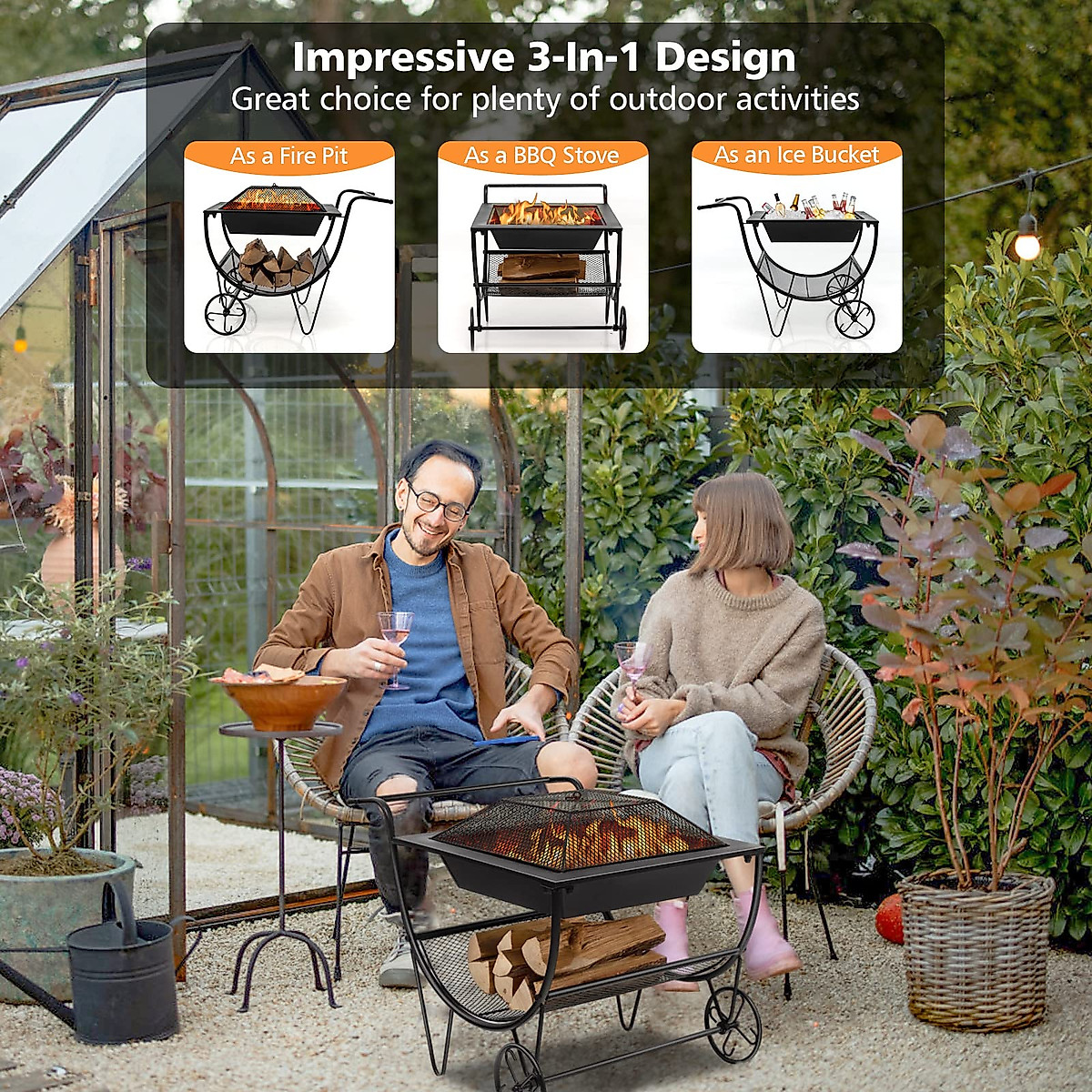 Tangkula Outdoor Fire Pit with Wheels and Firewood Log Rack, Patio Wood Burning Bonfire Pit with Storage Rack, Spark Screen, Portable Rolling Fire Pit Stove for Outside, Camping & Picnic