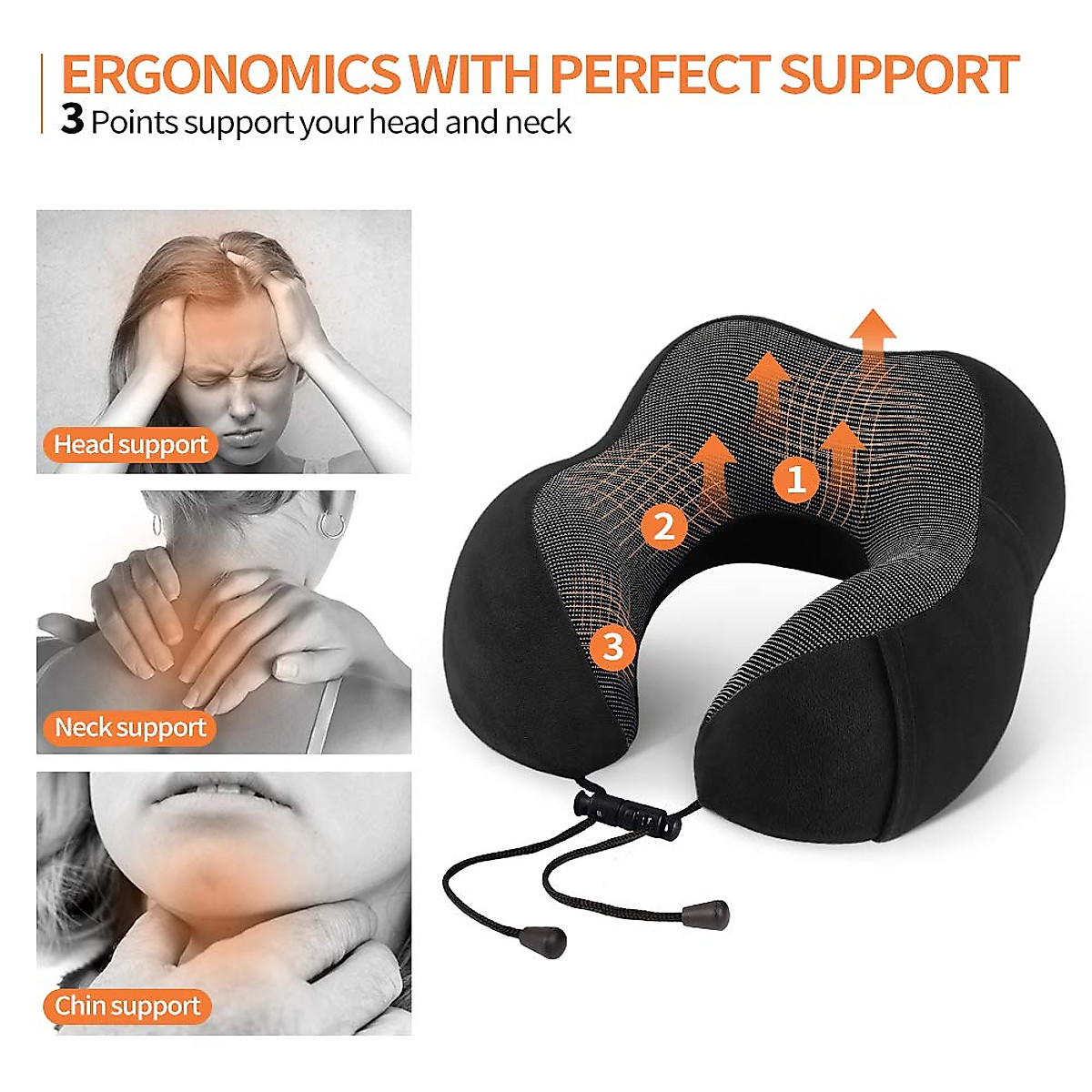 Emgthe Travel Pillow 100% Memory Foam Pillow, Neck Pillow for Airplane, Neck & Head Support Pillow for Sleeping Rest & Car, Travel Pillows Kit with Storage Bag, Sleep Mask and Earplugs Black