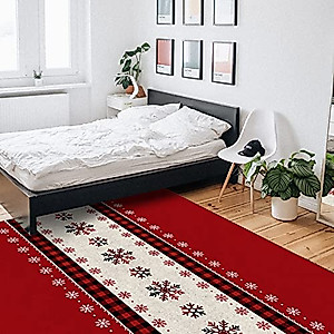 Area Rug Absorbent Non-Slip Rectangle Rug Christmas Snowflakes and Red Plaid Rugs for Living Room Bedroom Kitchen Entryway, Soft Floor Mat Indoor Carpet Accent Rugs 3x5 Feet