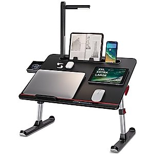 Laptop Desk for Bed with LED Table Lamp, NEARPOW XXL Laptop Bed Tray Desk for Laptop and Writing, Adjustable Bed Table Bed Desk Laptop Stand for Bed or Sofa with Anti-Slip Leather, Removable Stopper