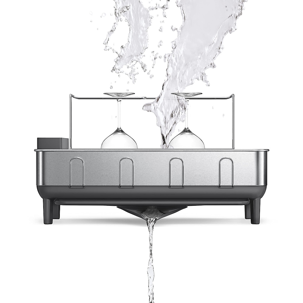 simplehuman Kitchen Dish Drying Rack With Swivel Spout, Fingerprint-Proof Stainless Steel Frame, Grey Plastic, 2022 Model