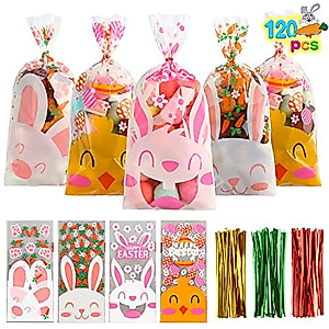 LOKIPA Easter Celllophane Treat Bags, 120 Pieces Clear Easter Candy Bags with 150 Twist Ties for Easter Supplies