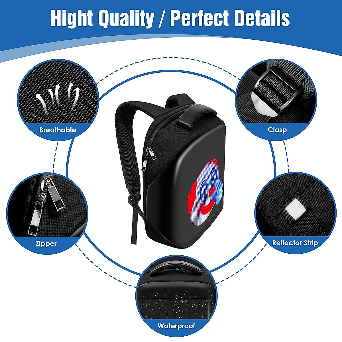 RODANNY LED Programmable Full Color Screen Waterproof Backpack, Birthday Gift for Men and Women, Motorcycle Backpack/Laptop Backpack 15.6 Inch