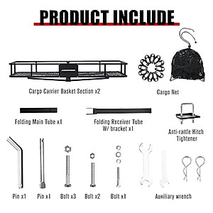 FIERYRED Folding Hitch Mount Cargo Carrier 60" x 20" x 7", 500 LBS Heavy Duty Trailer Hitch Mount Cargo Basket with Net & Hitch Stabilizer, Fit 2" Receiver for SUV, Truck, Car