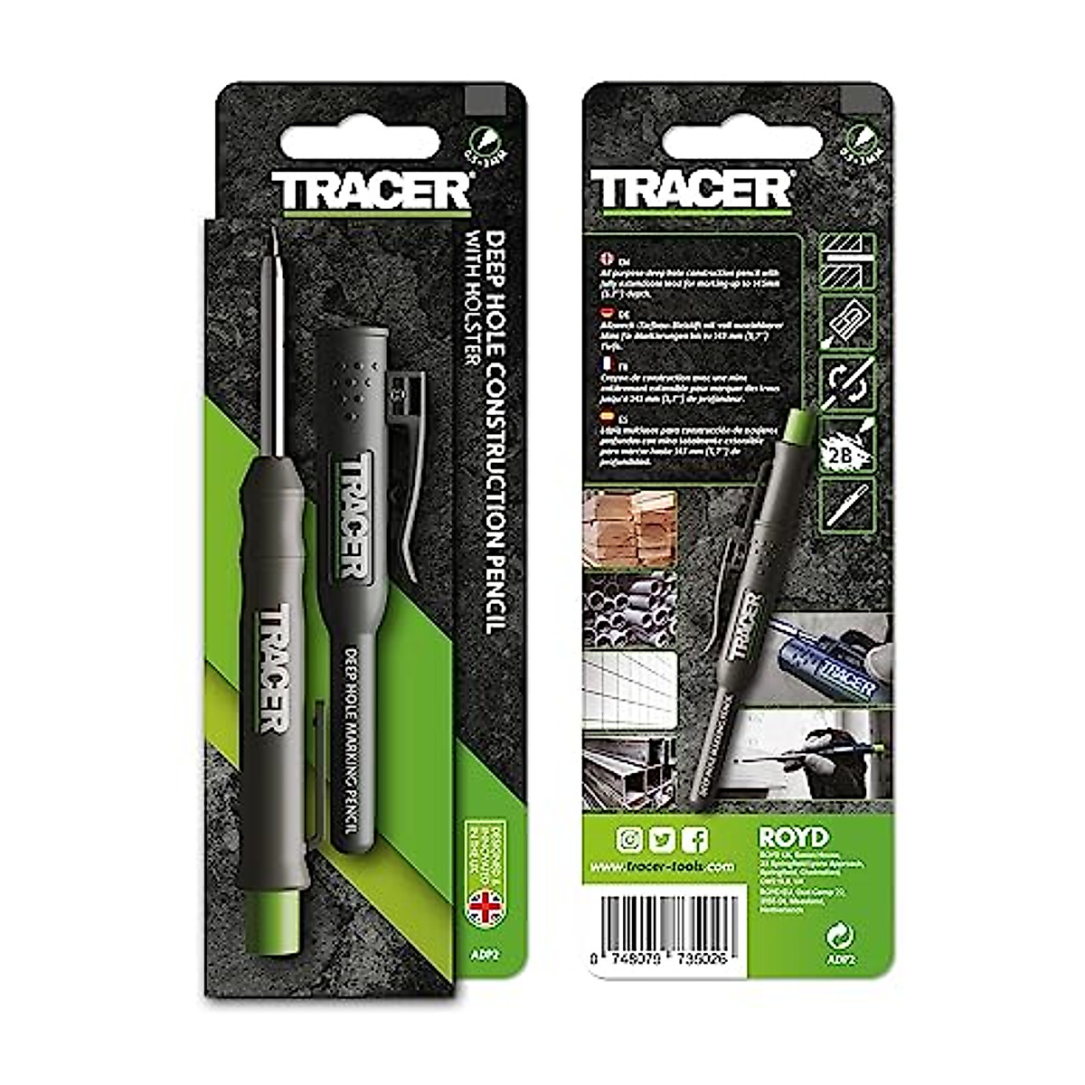 TRACER Deep Hole Construction Pencil with TRACER Site Holster. Extendable 2B Carpenter Pencil with Inbuilt Carpenter Pencil Sharpener