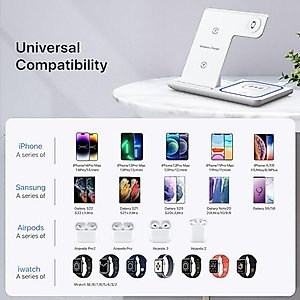 Wireless Charger, 3 in 1 15W Fast Charging Dock Stand for iPhone 15/14/13/12/11/Pro Max/XS/XR/X/8 Plus/8, Compatible with Apple Watch Series and AirPods 3/2/Pro （White）