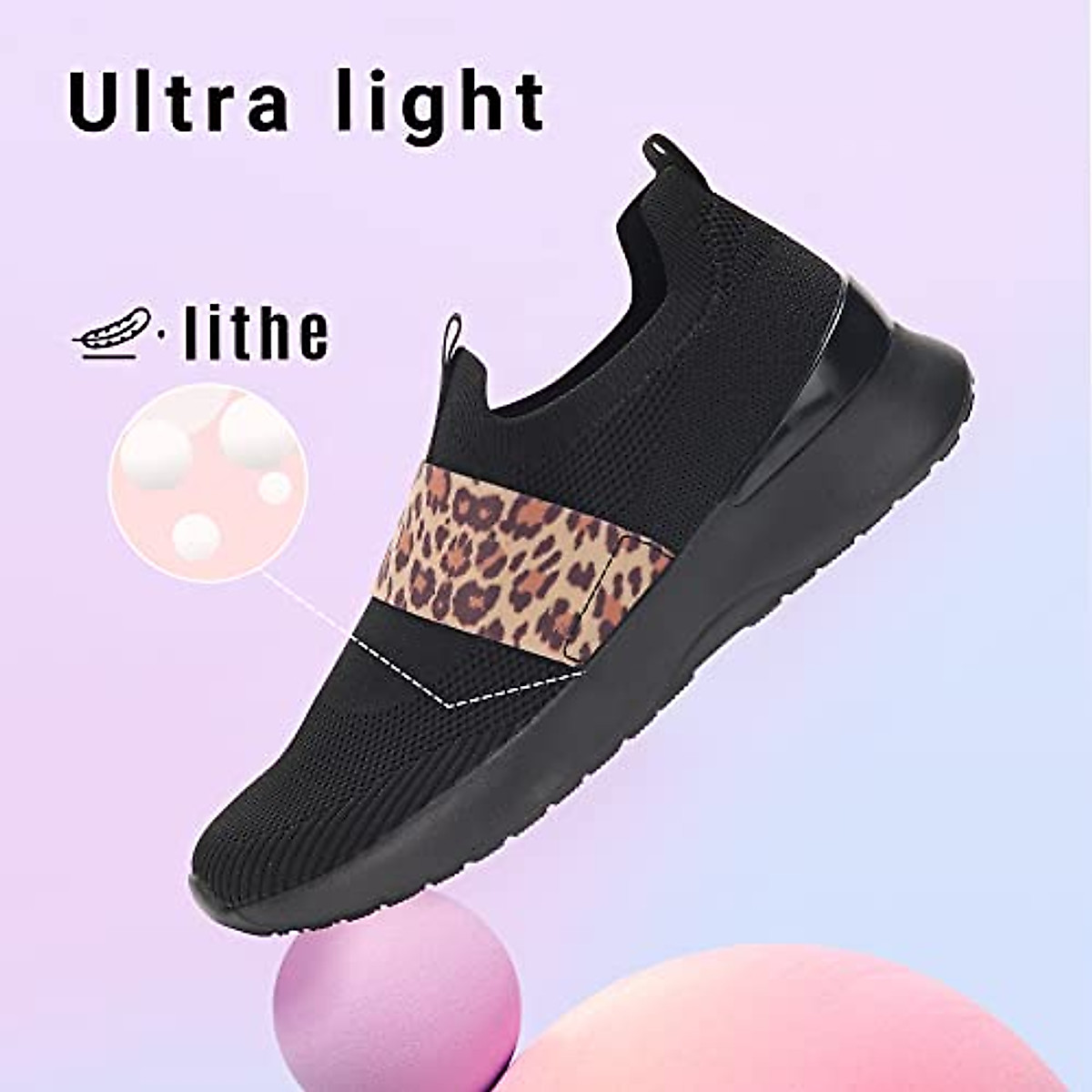 LUCKY STEP Women 's Mesh Slip on Fashion Sneaker Soft Comfortable Lightweight Walking Shoes(Black/Leopard,9 B(M) US)