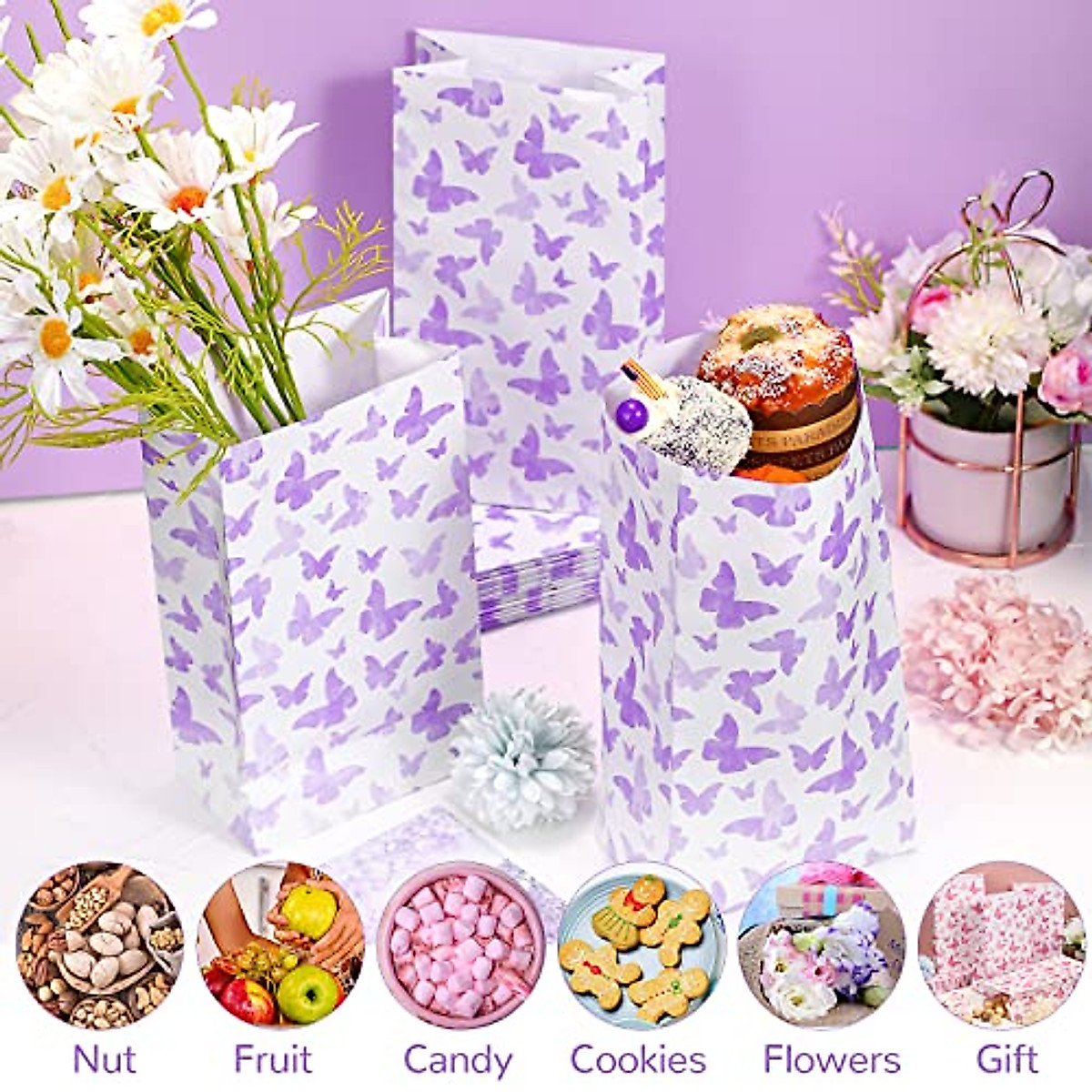 24 Pieces Butterfly Party Present Bags Butterflies Safe Paper Goodie Bags Gradient Butterflies Present Bags Butterfly Party Decorations Goody Treat Bags for Girls Women's Birthdays Supplies (Purple)
