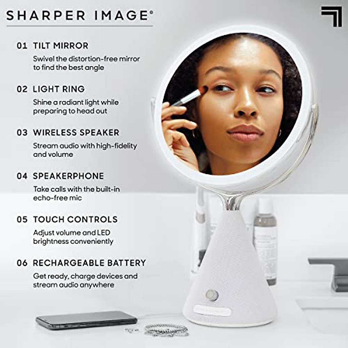Sharper Image SpaStudio Vanity Sound, 9-Inch LED Mirror with Built-in Speaker, Wireless Bluetooth Audio, Touch-Activated Brightness Controls, Dimmable Halo Light Ring, 5X and 10X Magnification