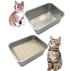 VCEPJH 2 Pcs Stainless Steel Litter Box for Cats Metal Litter Pan with High Sides Odor Control Non Stick Easy to Clean Rustproof (15.7'' x 11.8'' x 5.9'')