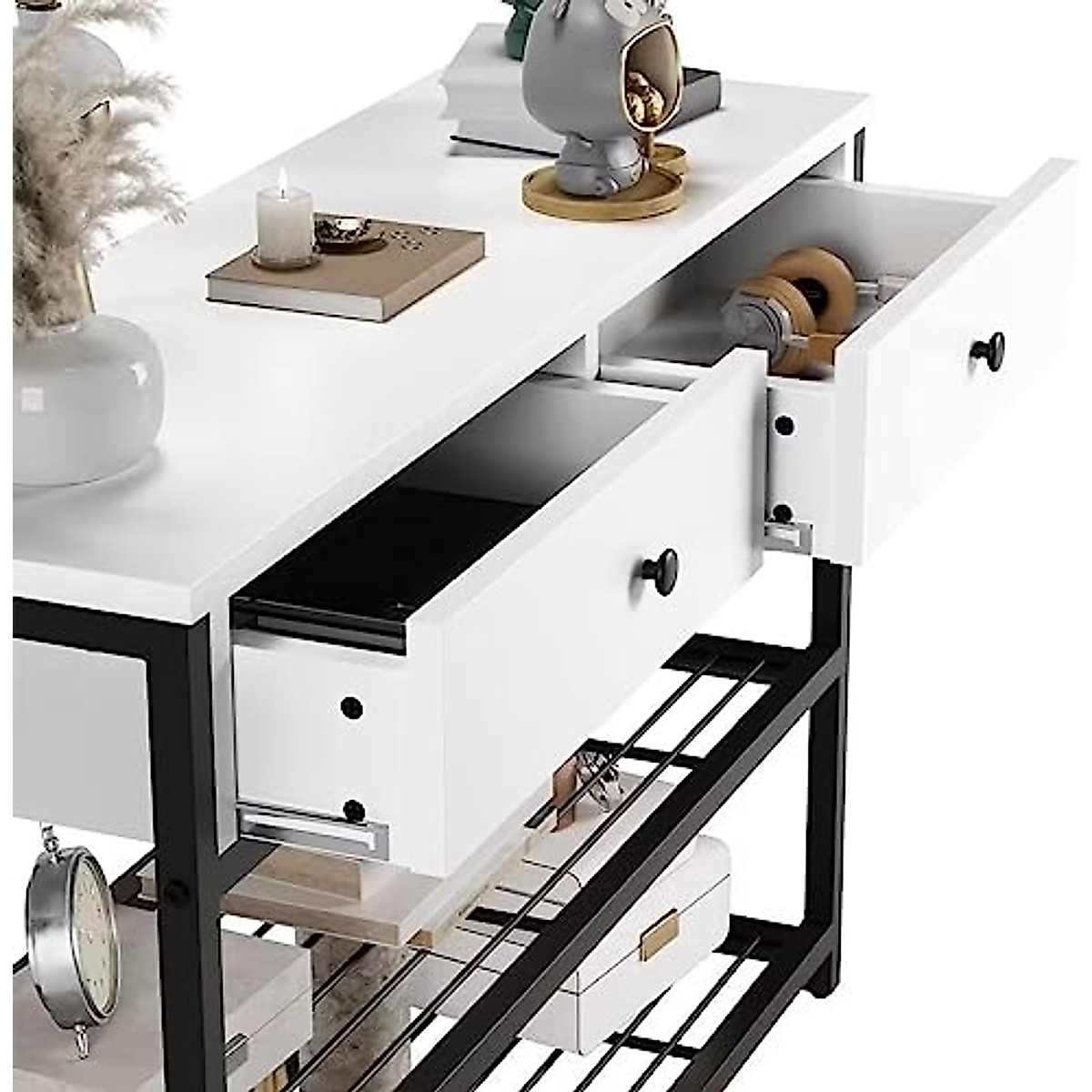 NOIFUM Console Table with 2 Drawers, 40 Inch Sofa Table with 3-Tier Storage Shelves, Vintage Hallway Foyer Table Entryway Table for Living Room, Rustic White