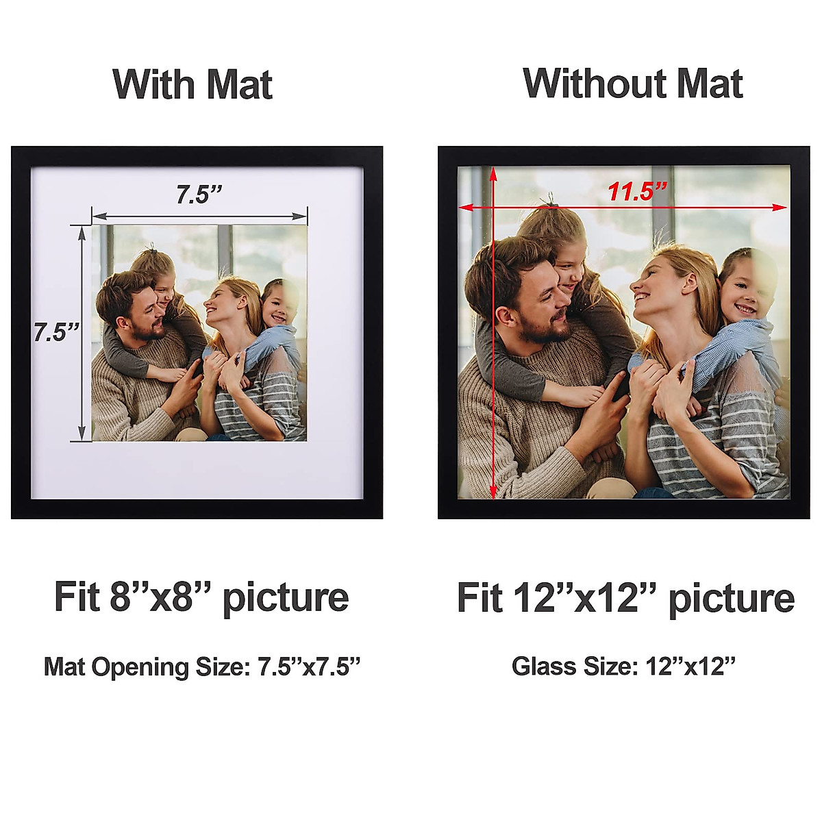 Yaetm 12x12 Picture Frames Black Set of 4, Square Frame Displays 8x8 with Mat or 12 x 12 without Mat, Gallery Wall Frames 12x12 for Wall Mounted (4 Pack, Black)