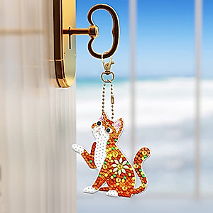 5pcs 5D DIY Diamond Painting Keychains Kit, Double Sided Full Drill Rhinestone Pasted Painting Key Chains Pendant for Kids Adults Beginners Backpack Handbag Ornaments Decoration (Cat)