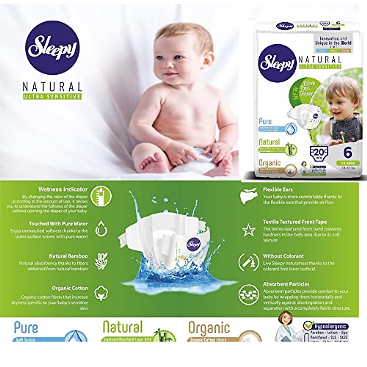 SOHO|Sleepy Natural Baby Diapers, Made from Organic Cotton and Bamboo Extract, Ultimate Comfort and Dryness, Disposable Diapers (Size 6 | 20 Count | Child Weight 33-55 lbs)
