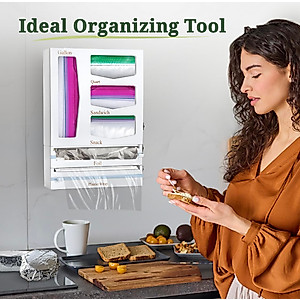 Ziplock Bag Storage Organizer, Foil & Plastic Wrap Dispenser with Cutter, Zip Lock Bag Container Organizer for Gallon, Quart, Sandwich &Snack Size, Bamboo Sandwich Bag Organizer for Kitchen Drawer