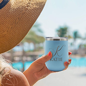 My Personal Memories Custom Engraved Insulated Stemless Wine Tumbler Cup - Customized Bridesmaid Beach Pool Girls Fun - Monogrammed (Carolina Blue)