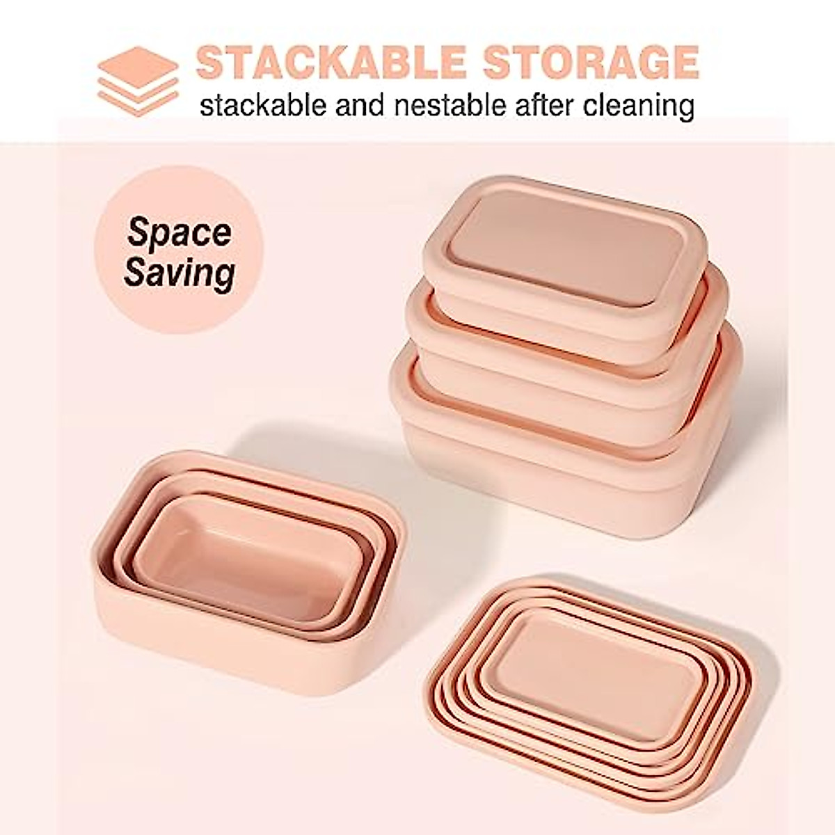 AROCFTIE Silicone Bento Box, Set of 3 Silicone Food Storage Containers with Lids, Hard-Shell Nesting Silicone Containers, Airtight, Dishwasher and Freezer Safe (10oz, 23.6oz, 44oz) (Pink)