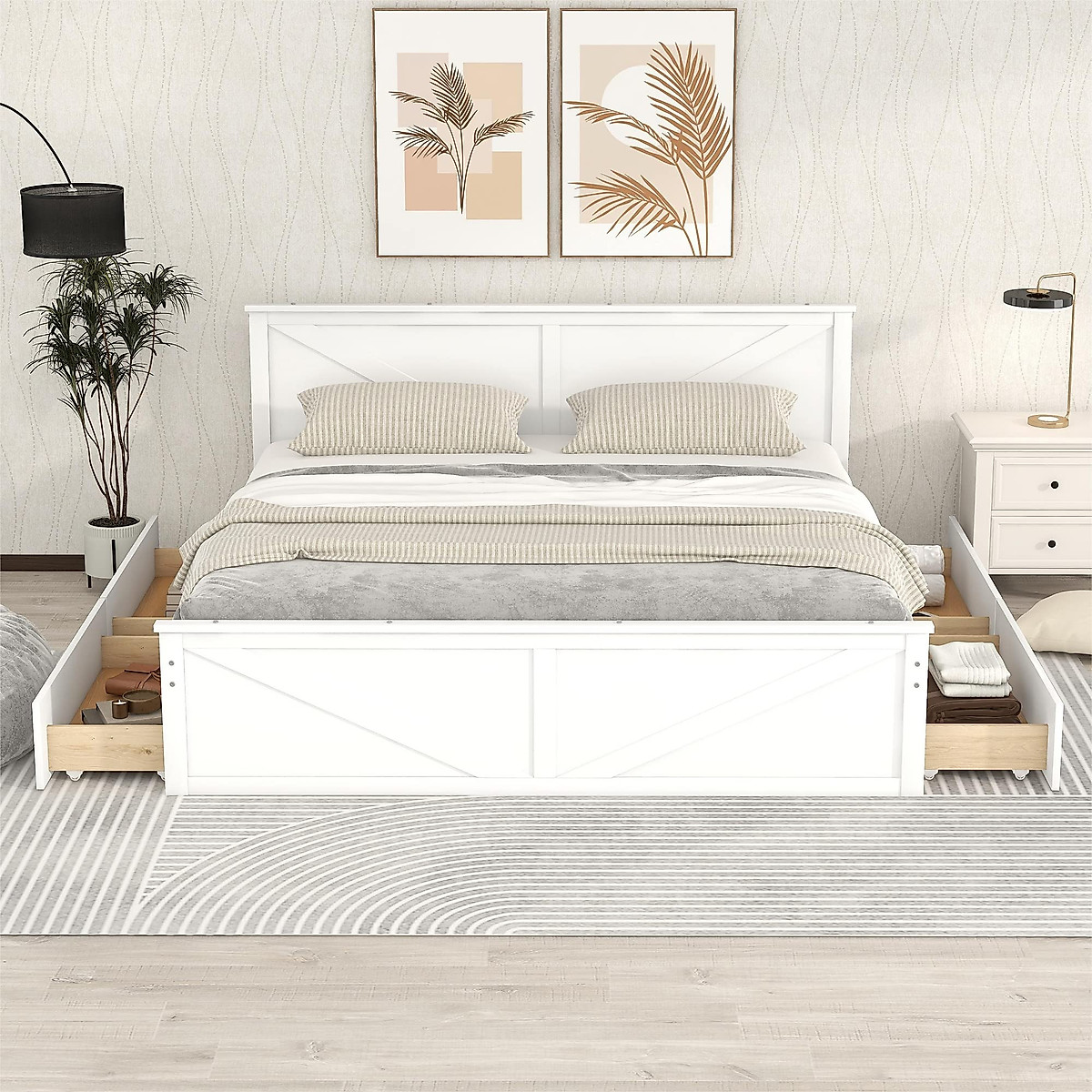 BIADNBZ King Size Wooden Platform Bed Frame with Headboard,Four Storage Drawers and Support Legs for Bedroom Guest Room,No Box Spring Needed,White