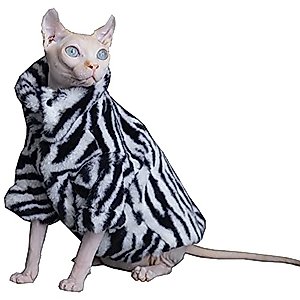 Sphynx Hairless Cat Clothes Winter Thick Warm Zebra Pattern High Collar Coat for Cats Soft Faux Fur Pet Clothes with Sleeves (Zebra, XL（8.8-11lbs）)