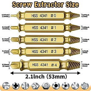 9 Pcs Damaged Screw Extractor Kit, Miuudby HSS 4341 Material Damaged & Stripped Screw Extractor Set For Easy Out And Speed Out Remover Common Size of Broken Tool And Titanium Extractor Drill Bit, Gold
