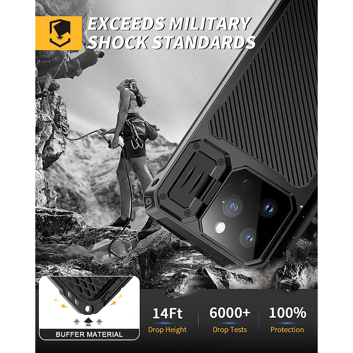 Lanhiem Magnetic for iPhone 14 Pro Max Metal Case, [Built-in Camera Kickstand & Glass Screen Protector] Heavy Duty Full Body Rugged Protective Military Magsafe Cover for iPhone 14 Pro Max 6.7" (Black)