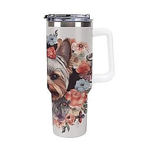 WYUSPGK 40oz Stainless Steel Car Mug, Yorkie Floral Print Travel Mug, Double-Wall Insulated with Straw, Perfect for Car, Office, Outdoor