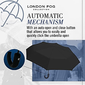 London Fog Rain Umbrella, Automatic Folding Umbrella, Windproof, Lightweight and Packable for Travel, Full 42 Inch Arc, Black
