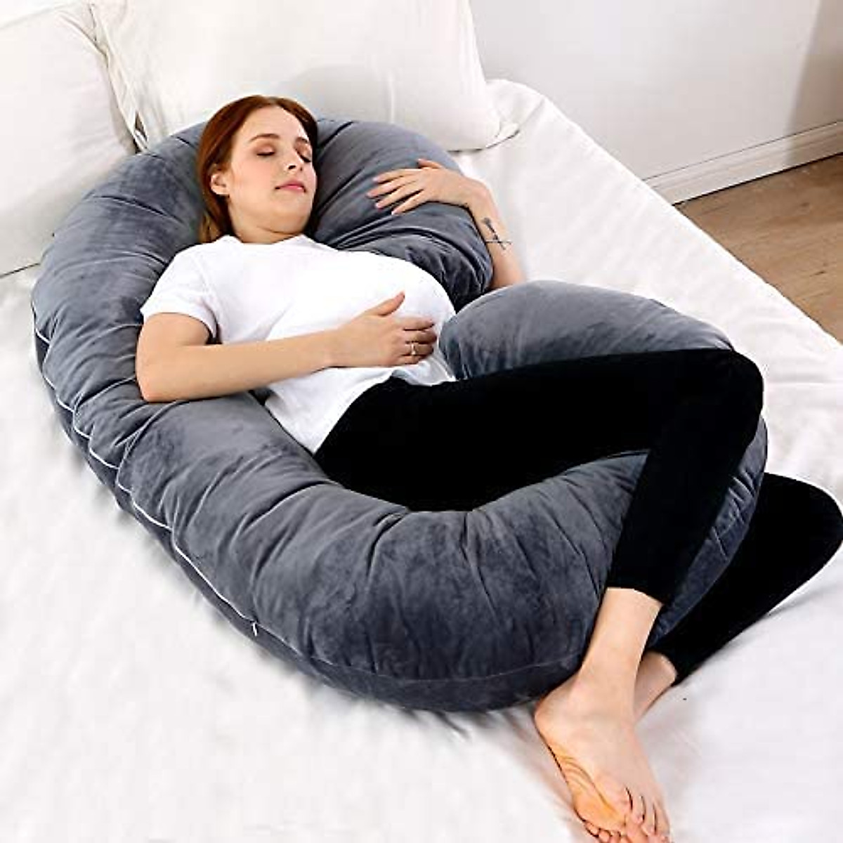 CDEN Pregnancy Pillow, C Shaped Full Body Pillow 52", Maternity Pillow Support for Back, Legs, Neck, HIPS for Pregnant Women with Removable Washable Velvet Cover(Black)