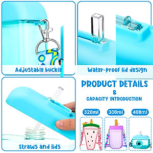 9 Pieces Cute Water Bottles with Straw Camera Ice Cream Bar Watermelon Shaped Adjustable Strap Plastic Water Bottle Leakproof Kawaii Water Bottle Plastic Fruit Water Cups for Kids School Girls Travel