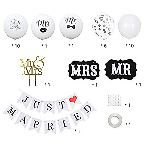 Borsgye 33PCS Just Married Banner Mr and Mrs Wooden Signs Letter Deco Set Printed Balloons Glitter Latex Balloons Gold Cake Toppers Reception Sign Garland for Table Bridal Decorations Supplies