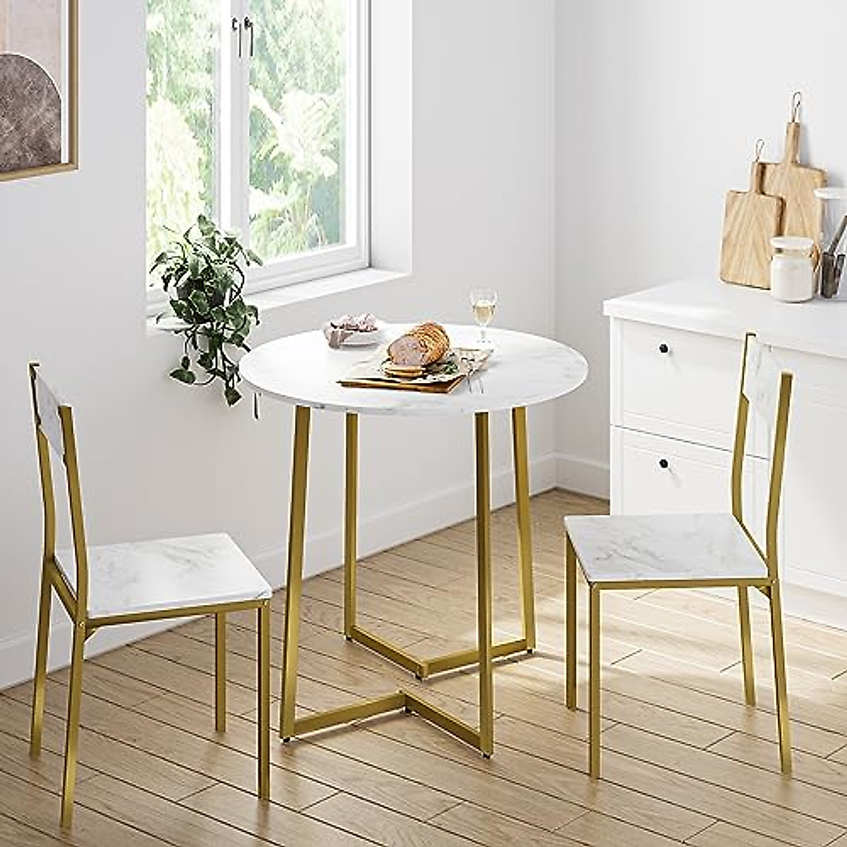 Masupu Small Round Dining Table Set for 2, Wood Marbled Tabletop with Steel Frame, Modern Dinette with Chairs for Kitchen Breakfast Nook Living Room, White and Gold