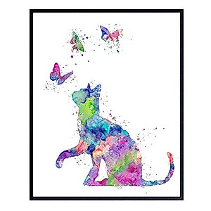 Butterflies and Cat Art - Watercolor Style Wall, Home or Apartment Decor - Sweet Poster Print Gift for Kitten, Kitty Lovers, Women, Girls, Kids, Baby Room, Nursery - Contemporary Modern 8x10 Picture