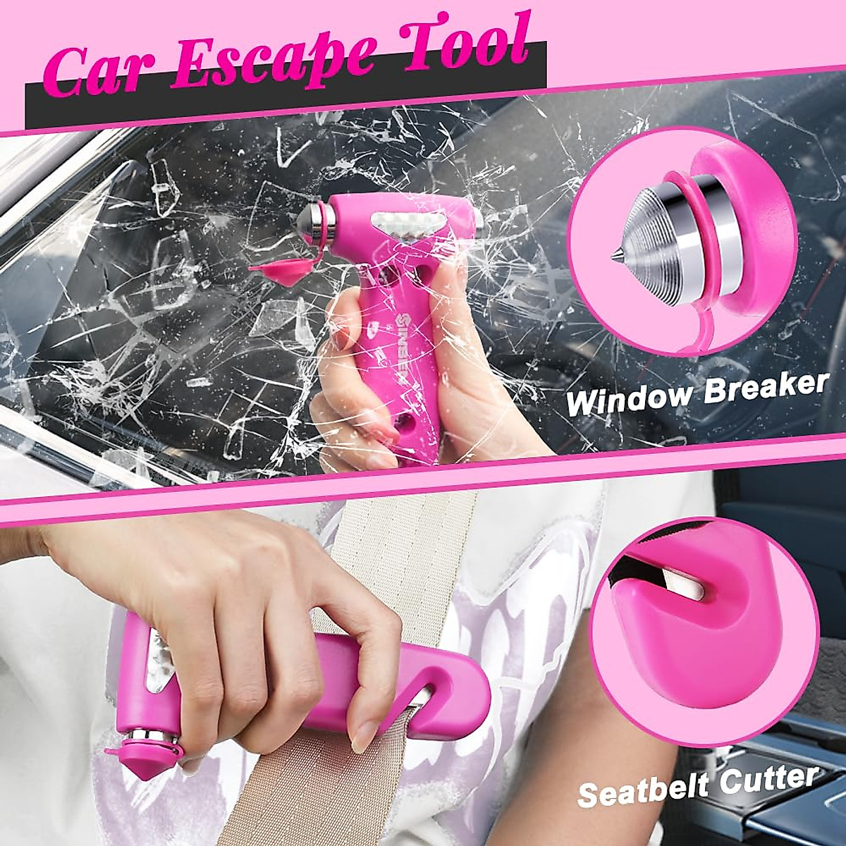 SINSEN Car Safety Hammer, Automotive Window Breaker and Seatbelt Cutter for Women, Roadside Emergency Kit, 3 in 1 Escape Tools, Road Trip Essential and Must Haves (1, Blue)