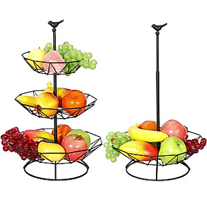 RAUVOLFIA Tabletop 3-Tier Countertop Fruit Basket Stand, Metal Fruit Bowl for Fruit, Vegetables, Bread, Comestics, Cupcakes, Snacks and Household Items