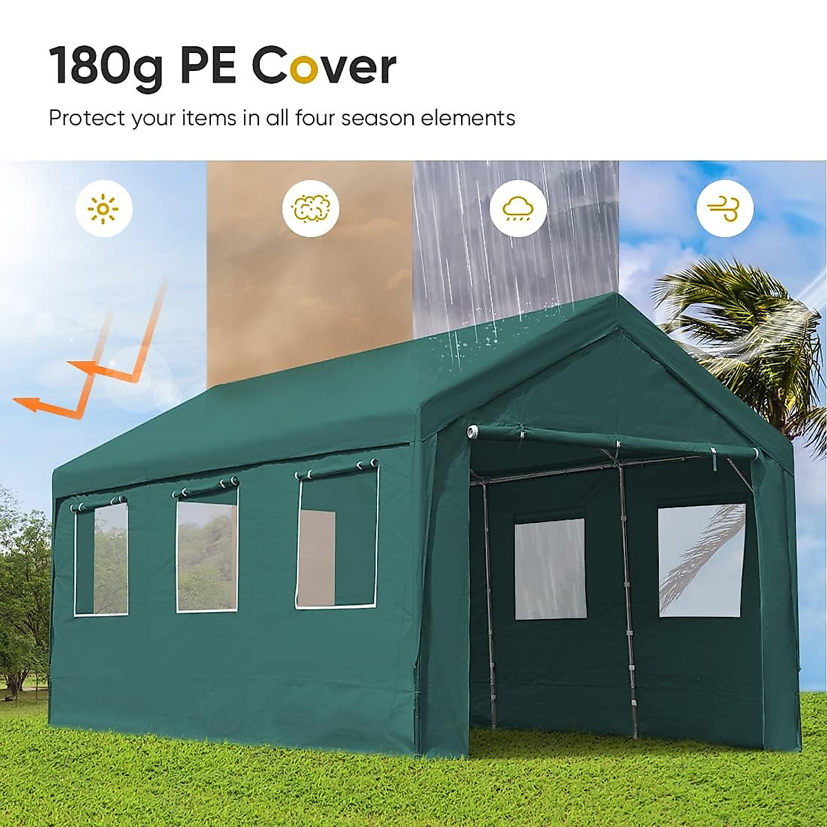 ADVANCE OUTDOOR 12x20 ft Heavy Duty Adjustable Carport with 6 Roll-up Ventilated Windows & Removable Sidewalls Car Canopy Garage Boat Shelter Party Tent, Peak Height from 9.5ft to 11ft, Green