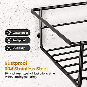 FELOOW Shower Shelf Organizer with Soap Holder Towel Bar,3 Pack No Drilling Traceless Adhesive Bathroom Storage Basket,SUS304 Stainless Steel Wall Mounted Rack for Bathroom Kitchen (Black-3Pack)
