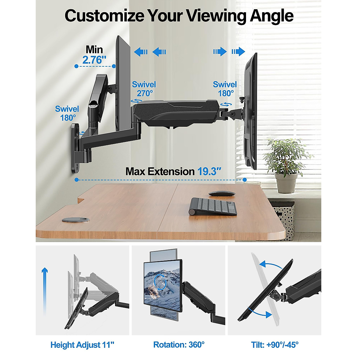 MOUNTUP Dual Monitor Wall Mount for 2 Max 32 Inch Computer Screen, Fully Adjustable Gas Spring Double Monitor Arm, Wall Mounted Monitor Holder Support 2.2-17.6lbs Display, VESA Bracket 75x75, 100x100
