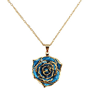 AliveRose Rose Pendant Necklaces Gifts for Women, 24K Gold Dipped Real Rose Dangle Necklace Jewelry - Ideal Gift for Her Wife Mom Anniversaries, Valentines (Blue)