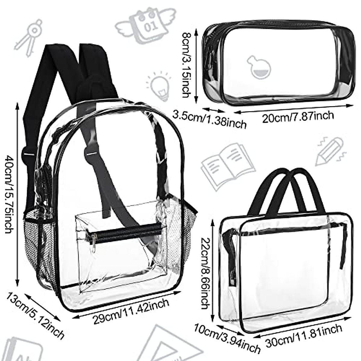 3 Pieces Clear Backpack PVC See Through Backpack Heavy Duty Transparent Bookbag Stadium Approved Black Clear Backpack for School Stadium Travel Security Festival, Black
