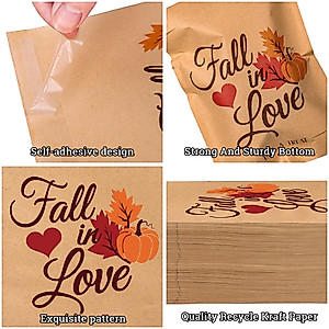 Whaline 100 Pack Fall Wedding Favor Candy Bags Fall in Love Treat Bags Pumpkin Maple Leaves Self-Adhesive Buffet Kraft Paper Cookie Bags Party Favor Snack Bags for Autumn Wedding Gift, 5x7.1 Inch