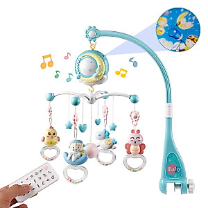 Mini Tudou Baby Musical Mobile Crib with Music and Lights, Timing Function, Projection, Take-Along Rattle and Music Box for Babies Boy Girl Toddler Sleep