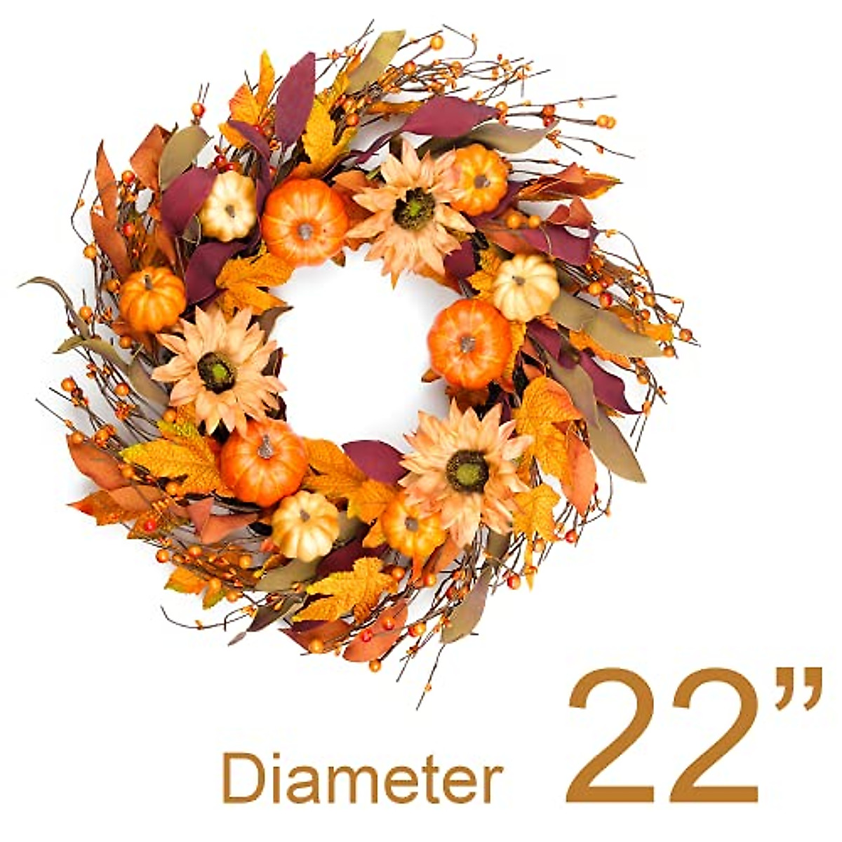 HomeKaren Fall Wreaths for Front Door 22 Inch, Autumn Wreath with Berry Pumpkin, Maple Leaves, Thanksgiving Harvest Festival Decorations Indoor and Outdoor